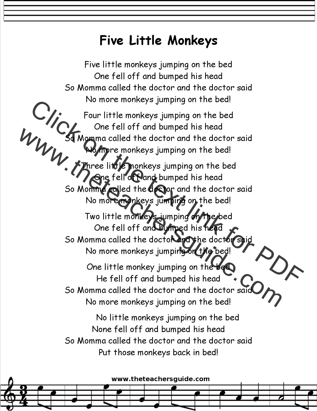 Five Little Monkeys Lyrics, Printout, MIDI, and Video