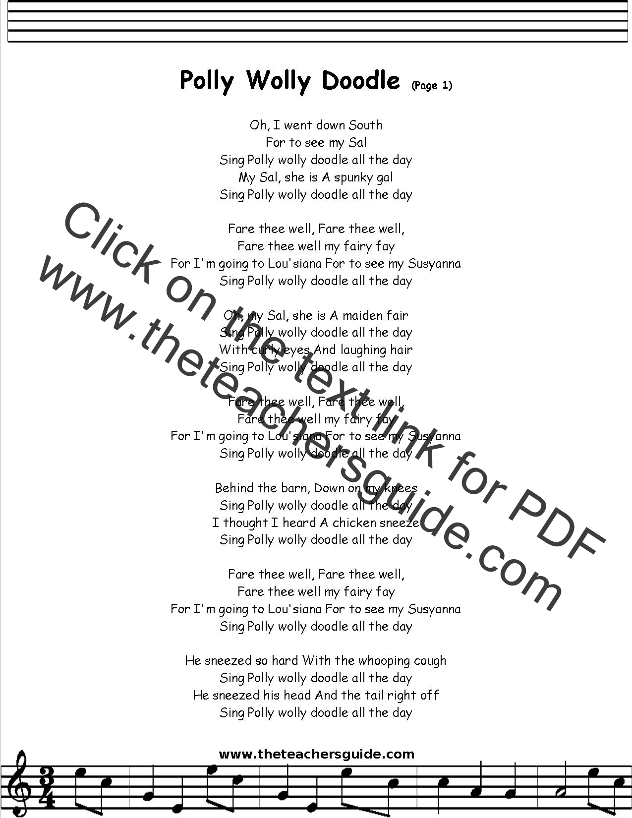 Polly Wolly Doodle Lyrics, Printout, MIDI, and Video