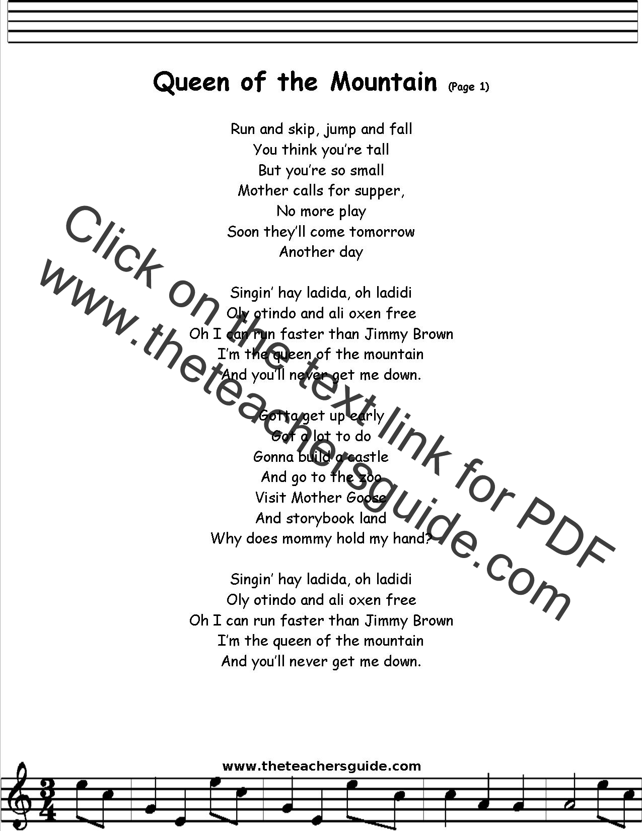 Queen of the Mountain Lyrics, Printout, MIDI, and Video